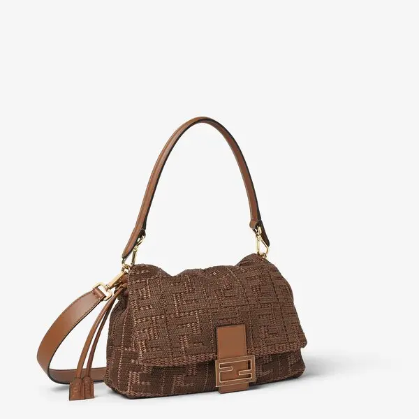 Fendi Baguette® Soft Medium Sellier Brown Raffia-effect Material Woven Bag With Ff Embroidery